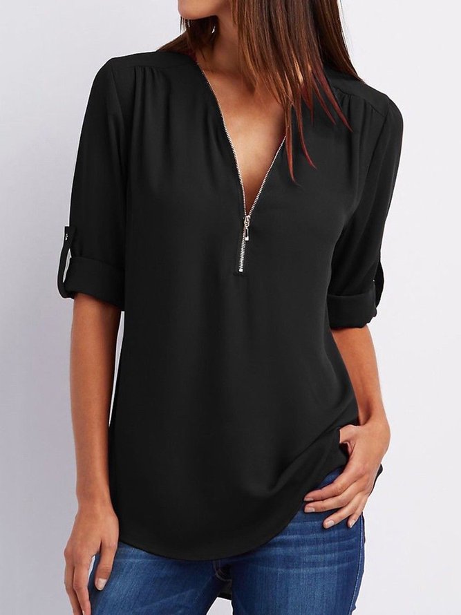 Womens Chiffon Half Sleeve Zipper Solid V Neck High Low Blouse